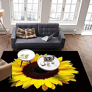 Large Rectangular Area Rugs 5' x 7' Living Room, Farm Sunflower Round Durable Non Slip Rug Carpet Floor Mat for Bedroom Bedside Outdoor Black Backdrop Yellow Floral