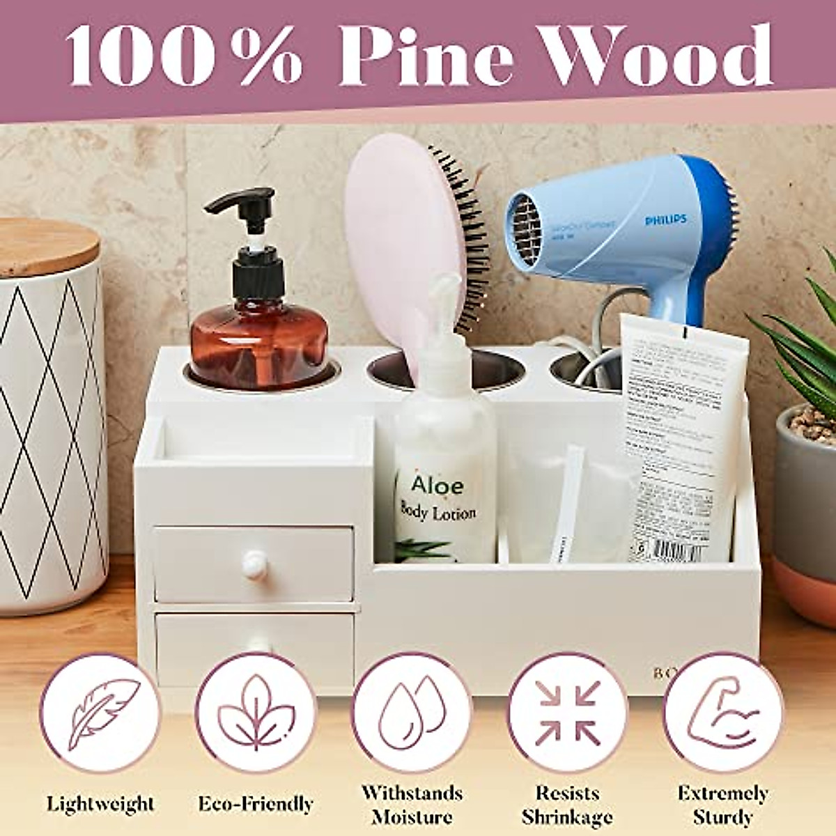 Boxoo Hair Tools Organizer with Drawers - Blow Dryer, Curling Iron, Straightener, Hair Brush Holder - Dressing Table, Bathroom Countertop Storage Caddy - Makeup, Toiletries, Hot Tools Holder, White