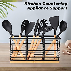 TACGEA Utensil holder for Kitchen Counter, Kitchen Cooking Utensil Holder Organizer with Wooden Base Matte Black (3 Compartments)