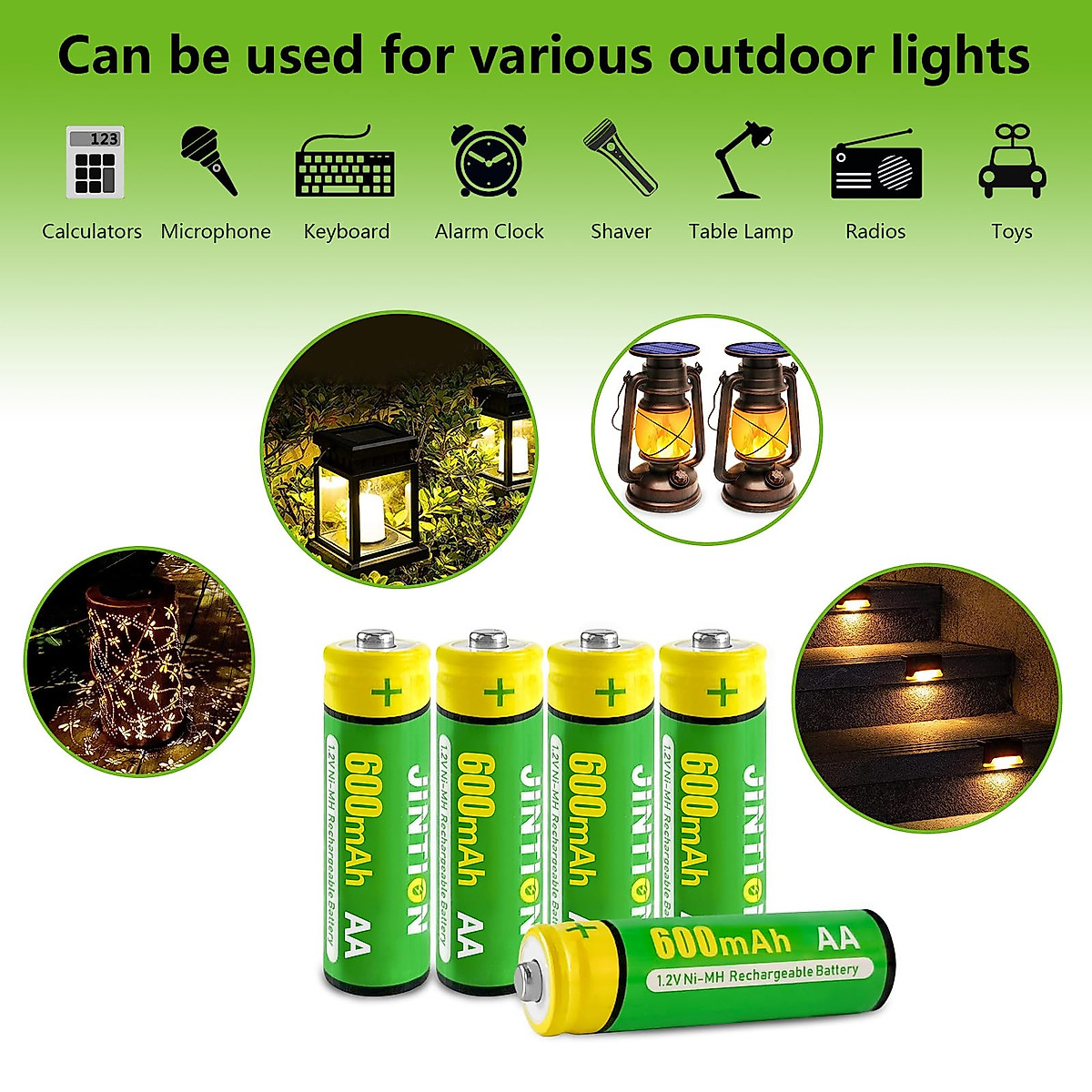 JINTION AA Rechargeable Batteries 600mah High Capacity 1.2V Ni-MH Double a Battery for Outdoor Solar Lights, String Lights, TV Remotes, Wireless Mouses, Flashlight