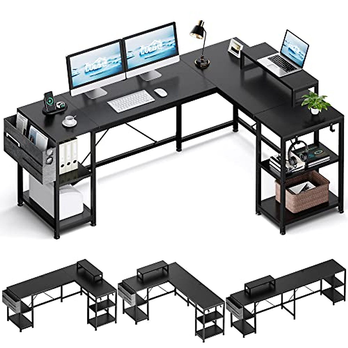 Lulive L Shaped Desk, 95" Reversible Corner Computer Desk with Shelves, Monitor Stand, Storage Bag, Hooks, 2 Person Long Desk for Home Office Writing Study Workstation (Black)
