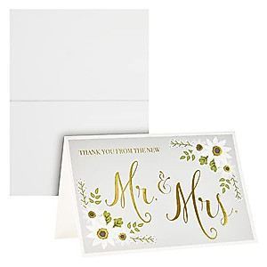 Sustainable Greetings 48 Pack New Mr and Mrs Wedding Thank You Cards with Striped Decorative Envelopes (4x6 In)