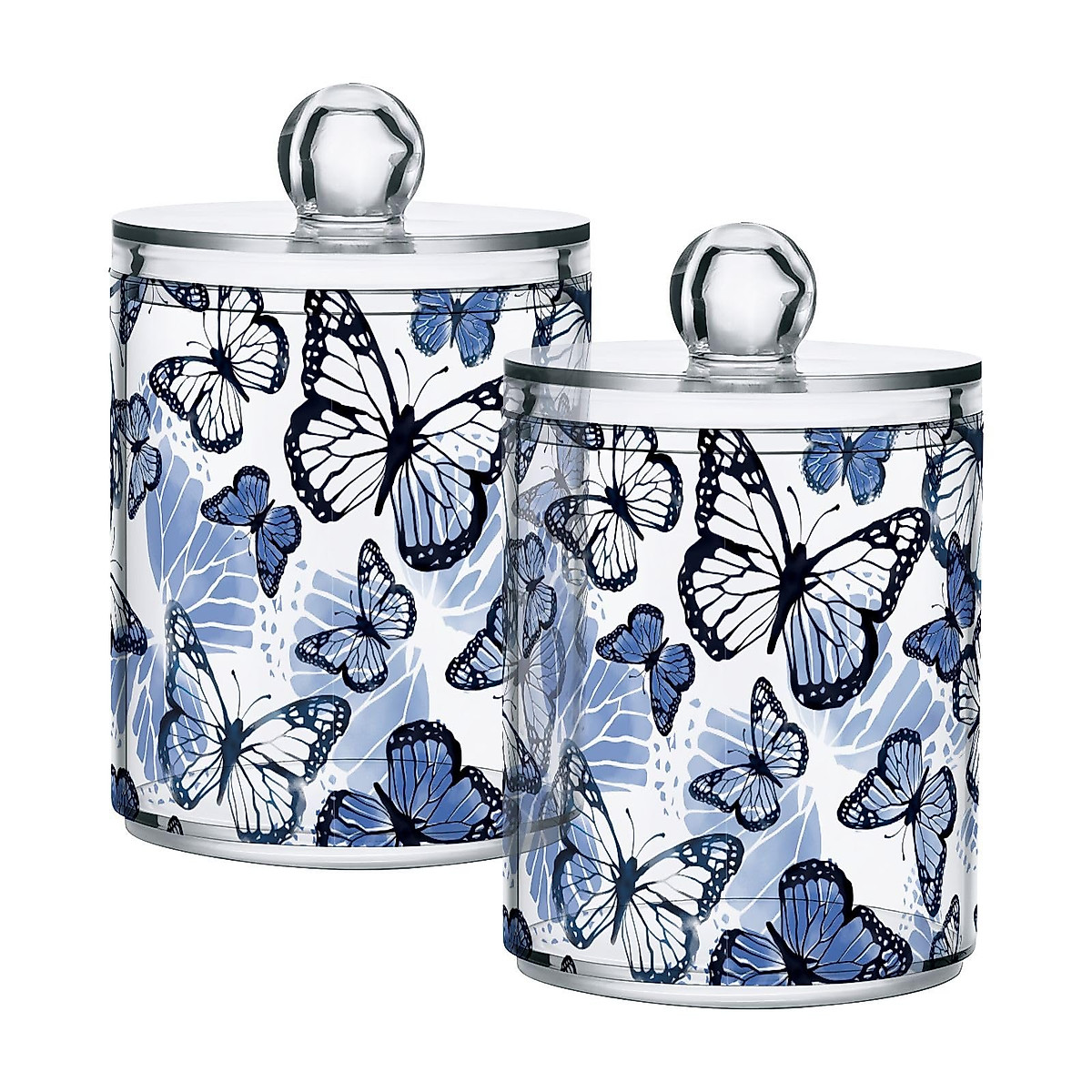 SDMKA 2 Pack Apothecary Jars Bathroom Blue Butterfly Qtip Holder Dispenser Clear Plastic Storage Canister Jar with Lid for Cotton Ball, Cotton Swab