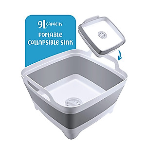 Home Spirit Collapsible Sink, Portable Dish Pan, Wash Basin Tub for Dish, Fruits, Vegetables, Textiles, Cloths, Beverages, Integrated Handle, Plug and Strainer, 9L Capacity