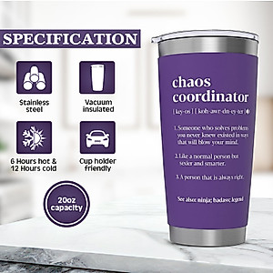 Chaos Coordinator Gifts for Women, Thank You Gifts for Women, Boss Lady Gifts for Women, Gifts for Boss, Teacher, Coworker, Tumbler, Cup 20oz Purple