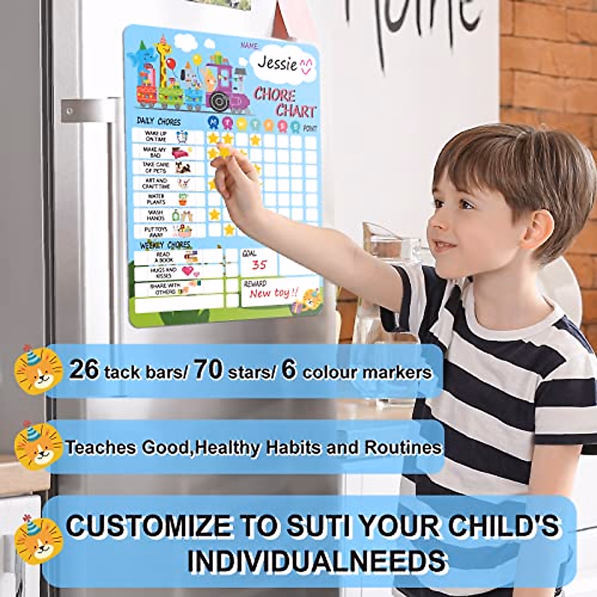 Magnetic Chore Chart for Kids,Reward Chart Good Behavior Chart for Kid at Home,Dry Erase Responsibility Charts for Toddlers,Schedule Board with Tasks,Stars & 6 Markers for Fridge School Home Supplies