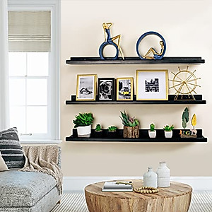 Annecy Floating Shelves Wall Mounted Set of 3, 36 Inch Black Rustic Wood Shelves for Wall, Wall Storage Shelves with Guardrail Design for Bedroom, Bathroom, Kitchen, Office, 3 Different Sizes