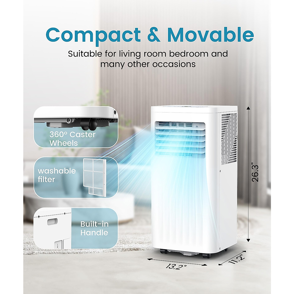 Joy Pebble Portable Air Conditioner, 8000 BTU Air Conditioner with Cooling, Fan, Dehumidifier, Sleep Mode, ≤55 db, Cooling up to 350 Sq. Ft. with 24H Timer/Digital Display/Remote Control & Window Kit