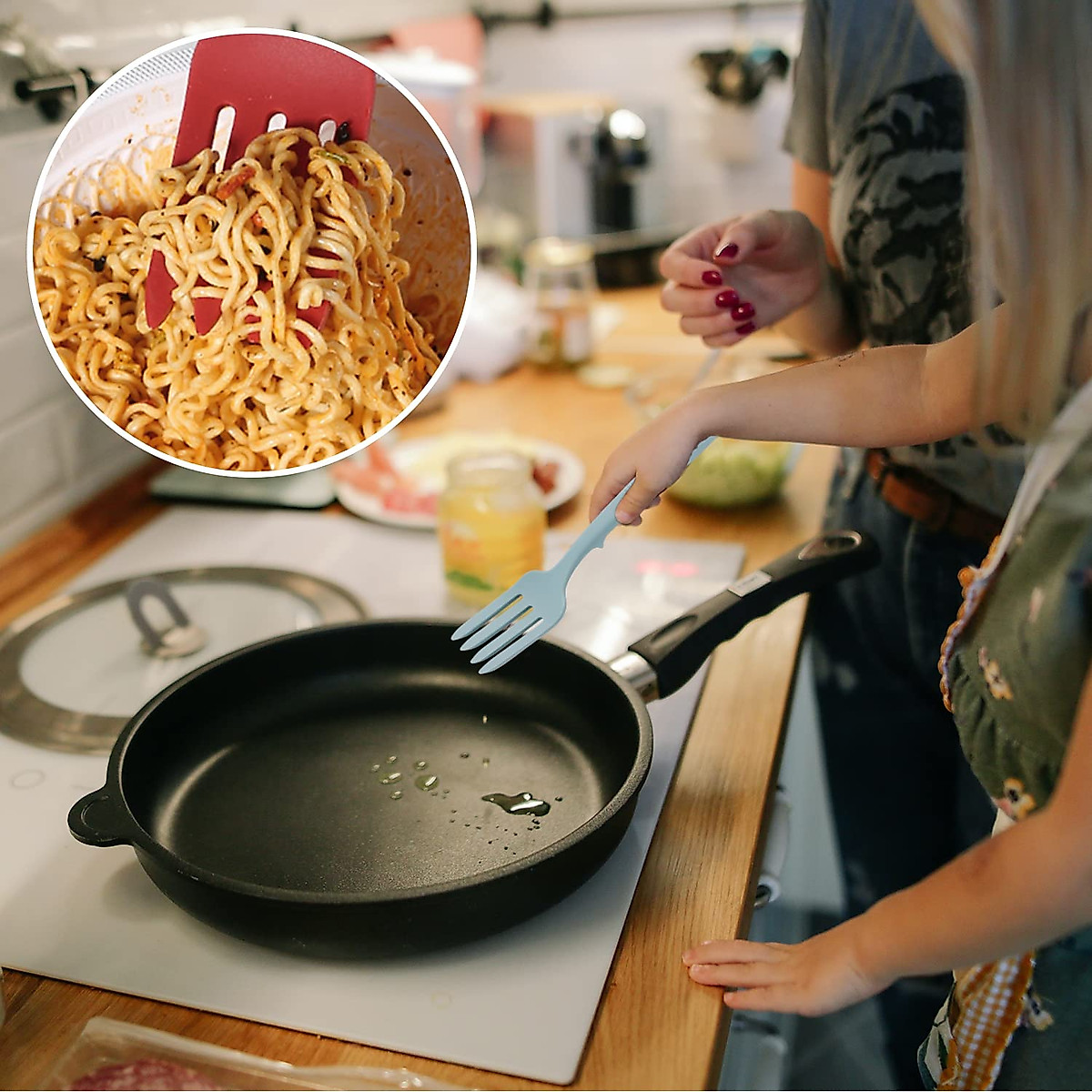 2pcs Silicone Flexible Forks, Silicone Cooking Fork Heat Resistant, Multifunctional Nonstick Blending Fork for Cooking Utensil for Kitchen Stir Mix Mash (Lake Blue, Dark Blue)