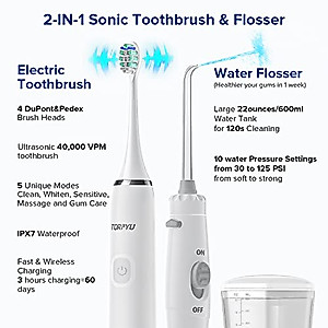 Torpyu Power Toothbrush and Water Flosser Combo, Professional Level Oral Care at Home, 4 Brush Heads and 7 Jet Tips, 600ML Detachable Tank for Healthier Gums (Grey)