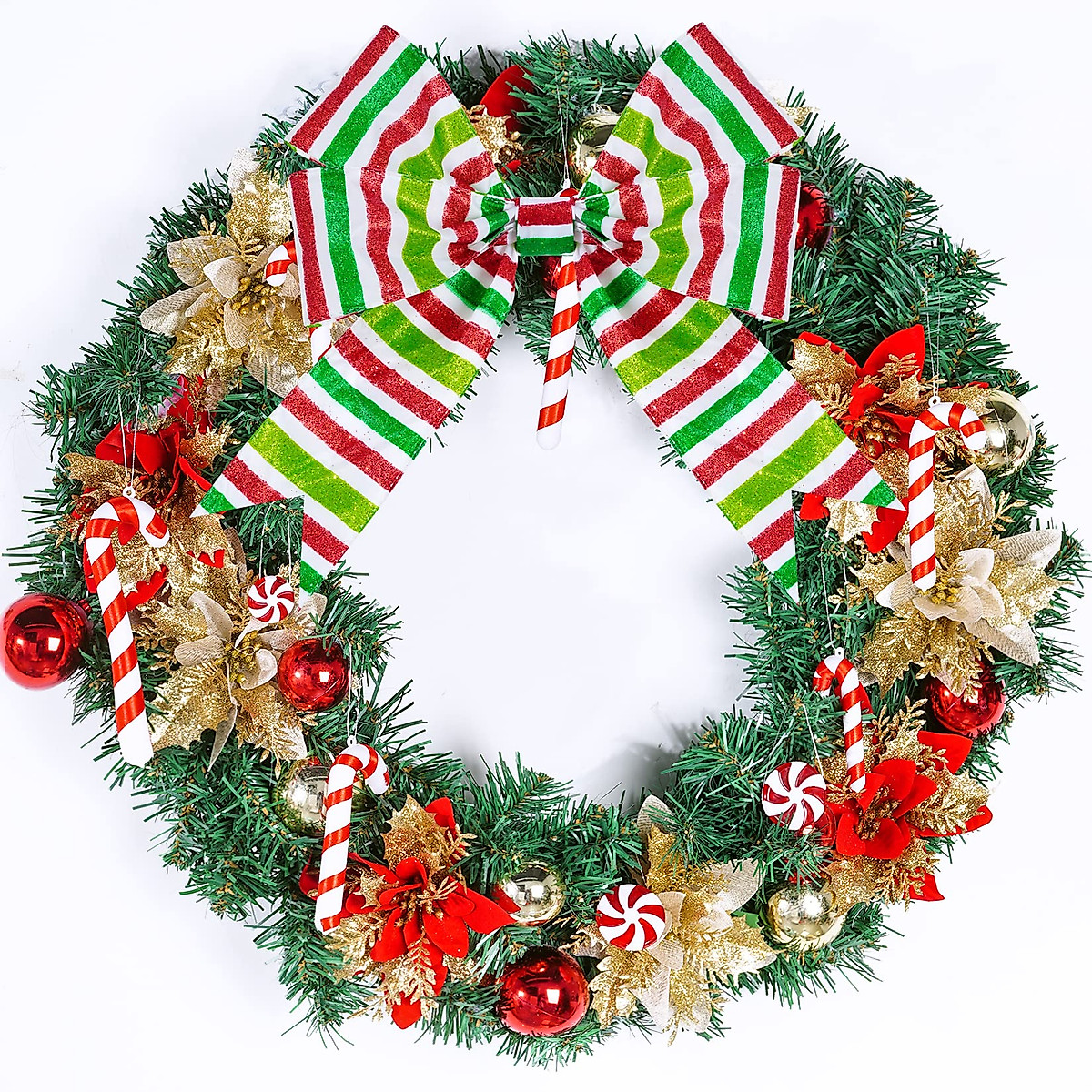 obmwang 2 Rolls Christmas Glitter Stripes Wired Edge Ribbon Red White Green Stripes Ribbons Wired Christmas Holiday Ribbon for DIY Craft Bows Xmas Tree Decoration, 2.52" x 6.56 Yards