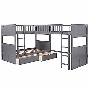 SOHUSPHOME Twin-Over-Twin Wooden L-Shaped Triple Bunk Bed with Ladders and 2 Storage Drawers, Space-Saving Design, Built-in Ladder & Solid Slat Support for Kids Teens Bedroom, Grey