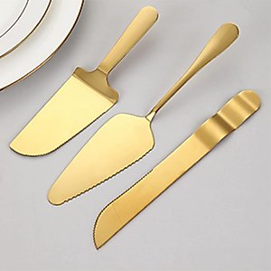 Pie Server Stainless Steel Set, Payutou 3Pcs Cake Pie Pastry Server,Professional Dessert Server For Cake Cheese Pie Pizza,Serrated Cake Knife, Cake Serving Spatula,Dishwasher Safe(Gold)