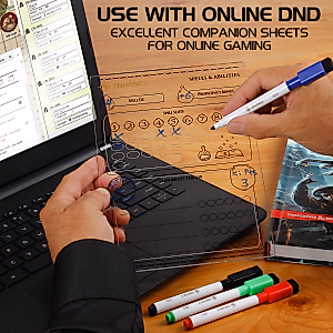 ENHANCE Tabletop Acrylic Character Sheet Set - Reusable 5e Dungeons and Dragons Character Sheets (Combat, Spell, Equipment) for All DND 5e Classes - Includes 3 Pages, Dry Erase Markers, Travel Pouch