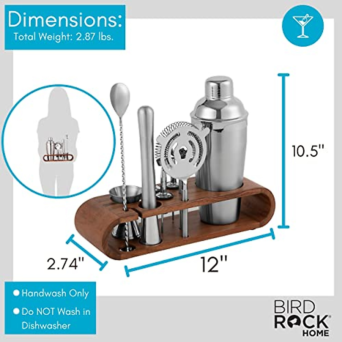 BIRDROCK HOME 10 Piece Bartender Kit with Wood Stand | Acacia | Professional Grade Stainless Steel Cocktail Set | Home Bar Tools | Gifts for Him | Shaker Bottle Opener