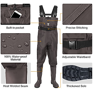 TIDEWE Bootfoot Chest Wader, 2-Ply Nylon/PVC Waterproof Fishing & Hunting Waders with Boot Hanger for Men and Women Brown Size 9