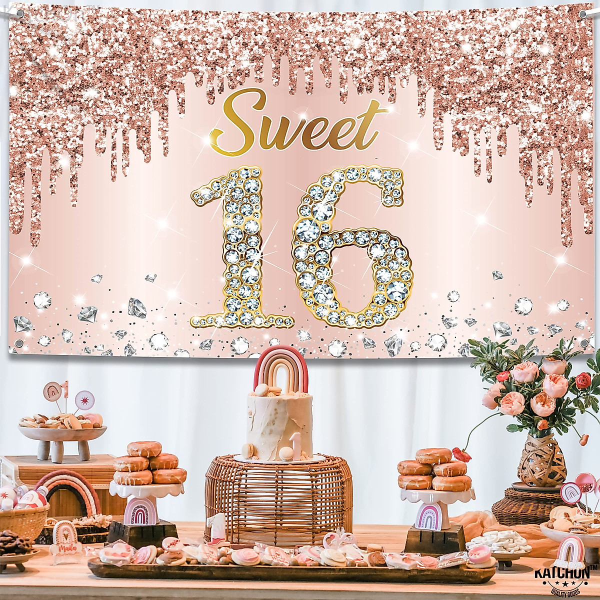 KatchOn, Sweet 16 Banner Rose Gold - Large, 72x44 Inch | Sweet 16 Party Decorations | Sweet 16 Backdrop, Sweet 16 Decorations for Girls | Sweet 16 Birthday Banner for Sweet Sixteen Party Decorations