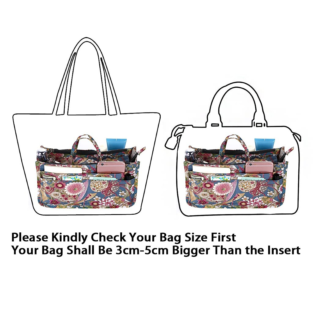 BTSKY Printing Handbag Organizers Inside Purse Insert-High Capacity 13 Pockets Bag Tote Organizer with Handle Sunflower