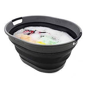SAMMART 25L(6.6 Gallon) Collapsible Plastic Laundry Basket-Oval Tub/Basket-Foldable Storage Container-Portable Washing Tub-Space Saving Laundry Hamper, Water Capacity 20L(5.28 Gallon)(2, Grey/Black)