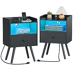Huuger Nightstand with Charging Station and LED Lights, Bed Side Tables Set of 2, End Tables with Drawer, Side Table with Solid Wood Feet, Open Storage Space, for Bedroom, Black