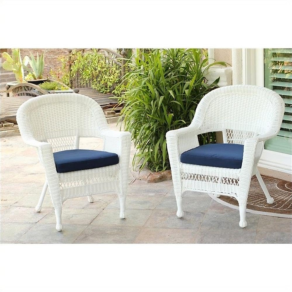 Pemberly Row Wicker/Rattan Chair with Cushion in White/Blue (Set of 2)
