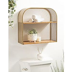 Kate and Laurel Urso Arch Floating Side Table, 20 x 19, Gold, Modern Geometric Wood and Metal Shelf