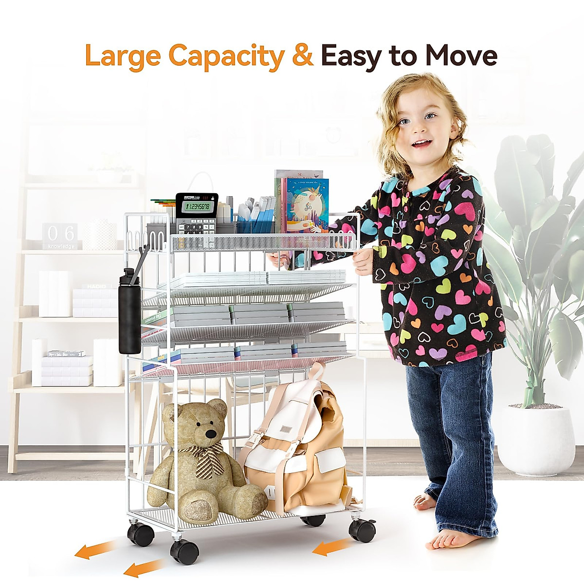 FIROK Rolling Bookcase with Wheels,Heavy Duty Mobile Bookshelf Storage Cart for Students, Metal Frame Book Shelf Organizer for Home,Office,Living Room - White