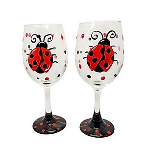 Ladybug Hand Painted Stemmed Wine Glasses Set of 2