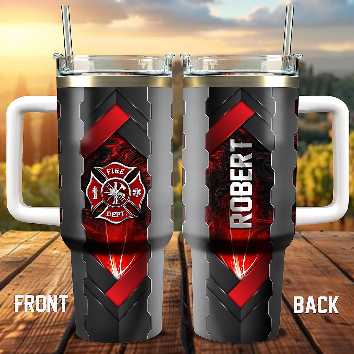 WAZONE Personalized Firefighter 40oz Tumbler with Handle Lid and Straw Custom Name Fireman Stainless Steel Insulated Cup Travel Mug Birthday Christmas Firefighters Fire Fighter Gift For Men Dad