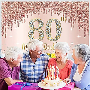 Happy 80th Birthday Banner Backdrop Decorations for Women, Rose Gold 80 Birthday Party Sign Supplies, Pink 80 Year Old Birthday Poster Background Photo Booth Props Decor