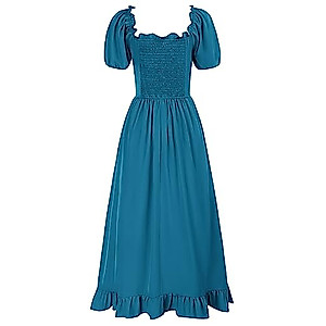 Renaissance Costume Women Cottagecore Dress Summer Off Shoulder Long Dress Blue L