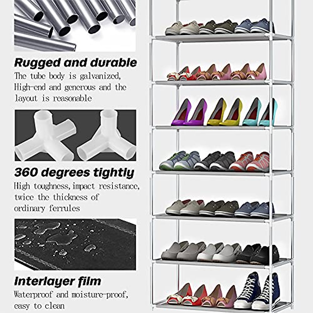 Mekek Black Shoe Rack, Free Standing Shoe Racks 9 Tier - Portable Row Shoe Rack Organizer Tower for Closet with Nonwoven Fabric Cover (Black)