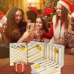Swedin 12 Pcs Gold Gift Bags Bulk, Medium Size Gift Bags with Handles, Trendy Gift Wrap Totes with Chevron, Stripe Pattern for Birthdays, Party Favors, Holidays, Christmas-10" x 8.3" x 4"