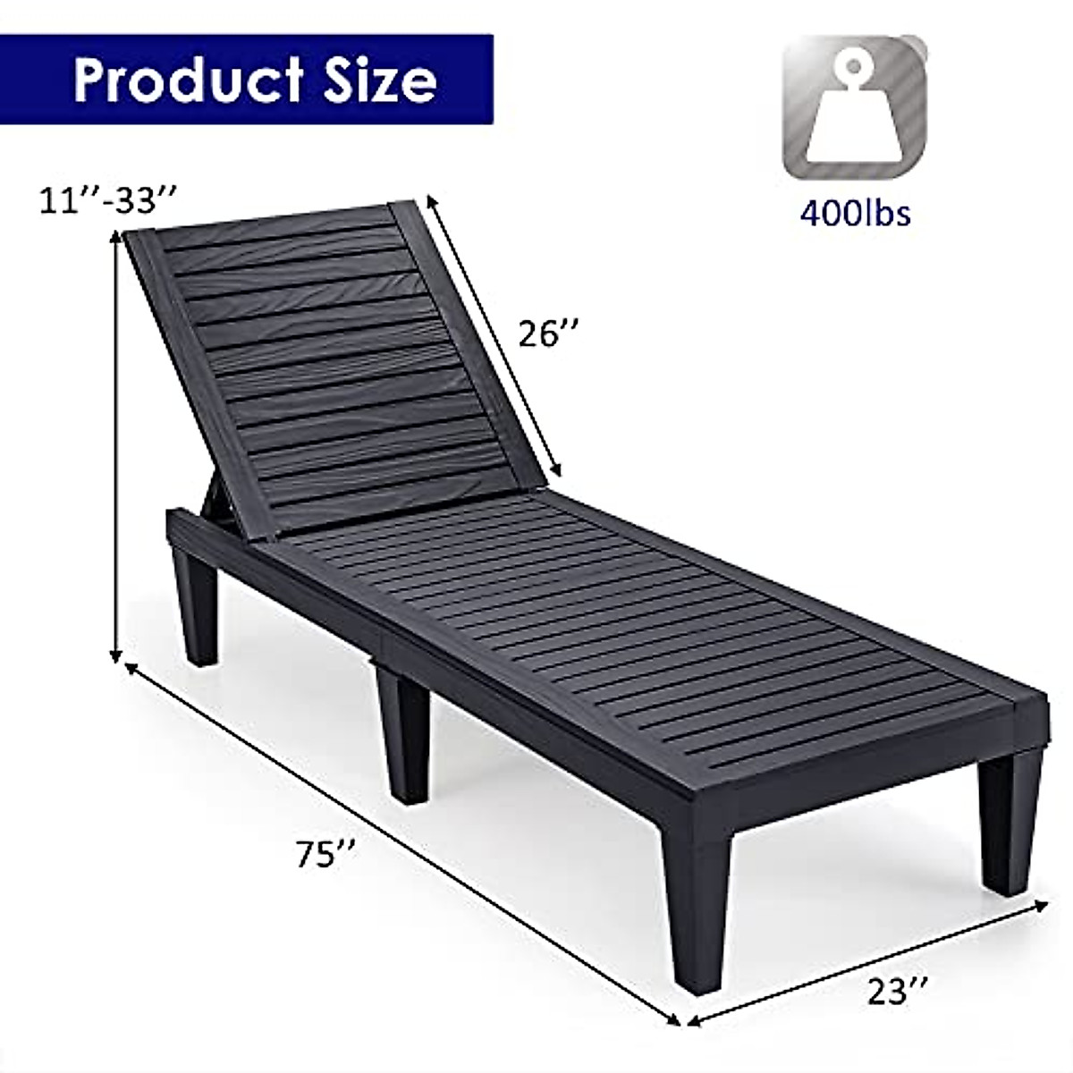 Tangkula Outdoor Chaise Lounge Chair, Lightweight Patio Lounge Recliner Chair with Adjustable Backrest, 5 Reclining Positions Chaise Lounger for Patio, Beach, Balcony, Poolside, Backyard (1, Black)