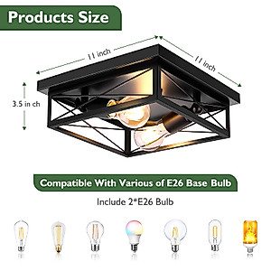 ONELEJA Black Rustic Flush Mount Ceiling Light Fixture, 2 lights Industrial Square Metal Cage Farmhouse Ceiling Light for Hallway Entryway Kitchen Bedroom Porch