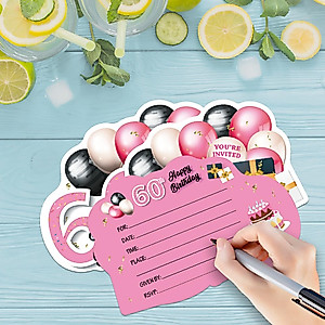 ERHACHAIJIA 20 PCS Pink & Black Golden Balloons & Cake Shaped Fill-In Invitations Cards With Envelopes, Funny 60th Happy Birthday Party 60 Year Old Birthday Invites For Women Lady Wife Mom Adults
