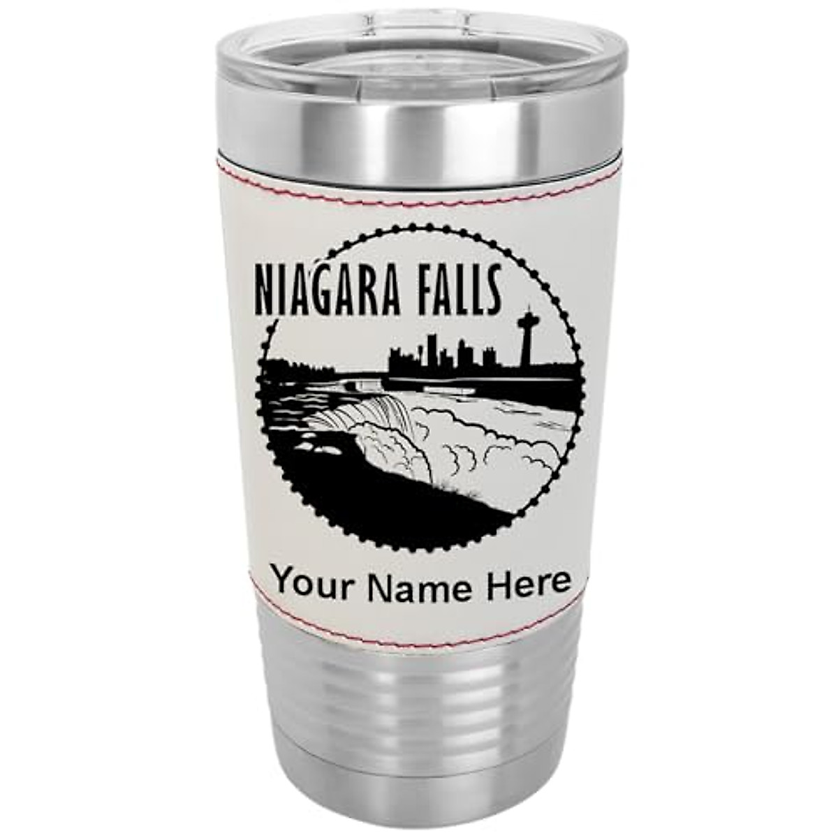 LaserGram 20oz Vacuum Insulated Tumbler Mug, Niagara Falls, Personalized Engraving Included (Faux Leather, Baseball Style)