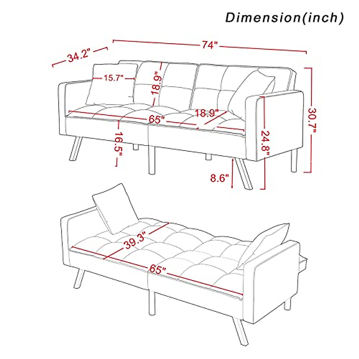 Velvet Futon Sofa Bed with Two Pillows, Convertible Sleeper Sofa Couch with 3 Angle Adjustable Backrest, Modern Loveseat with 6 Metal Legs for Living Room, Bedroom (White)