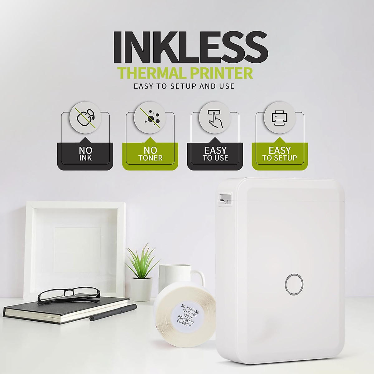 SUNTHIN Portable Bluetooth Label Maker - Inkless, Smart, and Rechargeable - Create Stickers with Multiple Templates, Fonts, and Icons - Ideal for Office and Home Use! (Portable, White)