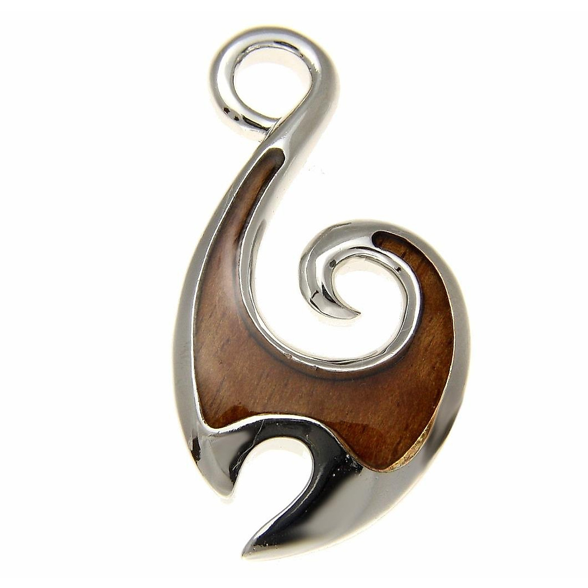 Arthur's Jewelry Koa Wood Hawaiian Ocean Wave Fish Hook Rhodium Plated Brass Pendant Charm