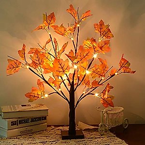 Artificial Fall Lighted Maple Tree 24 LED Thanksgiving Decorations Table Lights Battery Operated for Wedding Party Gifts Indoor Outdoor Autumn Harvest Home Decor