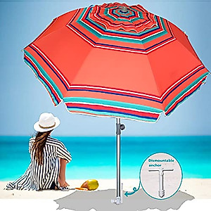 AMMSUN 7ft Heavy Duty HIGH Wind Beach Umbrella with sand anchor & Tilt Sun Shelter, UV 50+ Protection Outdoor Sunshade Umbrellas Carry Bag for Patio Garden Pool Backyard Multicolor Red