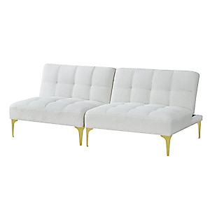 TZXTW Convertible Sofa Bed,Modern Couch Sleeper with Gold Metal Legs and Two Throw Pillows,Double Folding Futon Sofa,Loveseat,Small Couches for Small Spaces,Living Room,Bedroom,Apartment,Office,White
