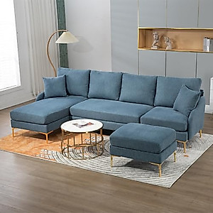 Modern 110'' W U-Shape Sectional Sofa, 4-Seat Sofa Couch with Chaise Lounge and Ottoman, Reversible Left or Right Chaise, Modular Sofa with Golden Metal Legs for Living Room Apartment Office,Blue