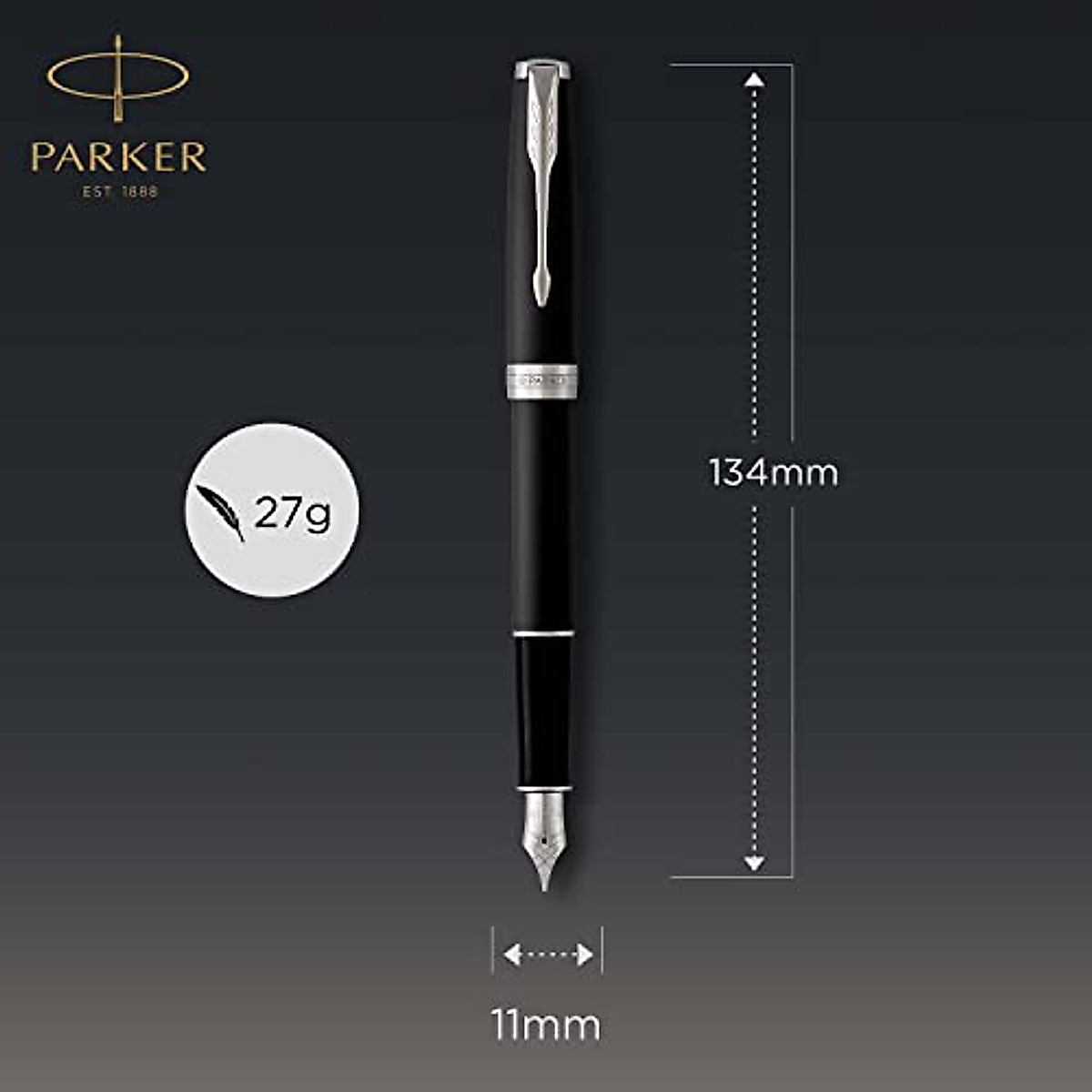 PARKER Sonnet Fountain Pen, Matte Black Lacquer with Palladium Trim, Medium Nib (1931522)