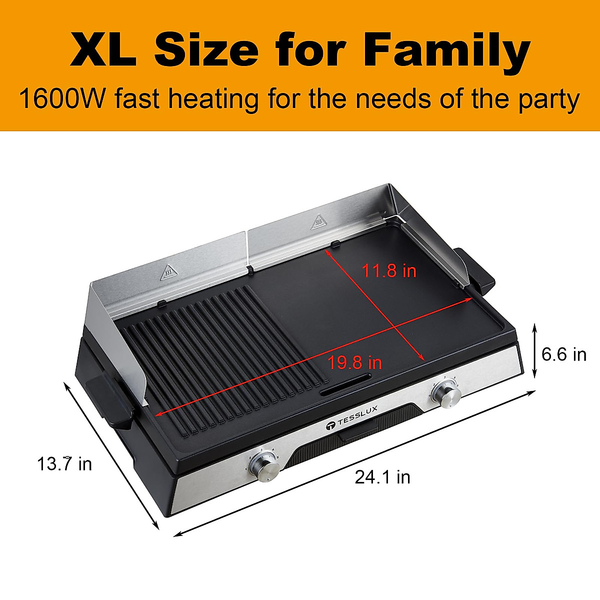 Tesslux XL Electric Indoor Grill, 20” Non-stick Griddle Combo, 1600W Fast Heating, Dual Temperature Control, Detachable for Easy Cleaning