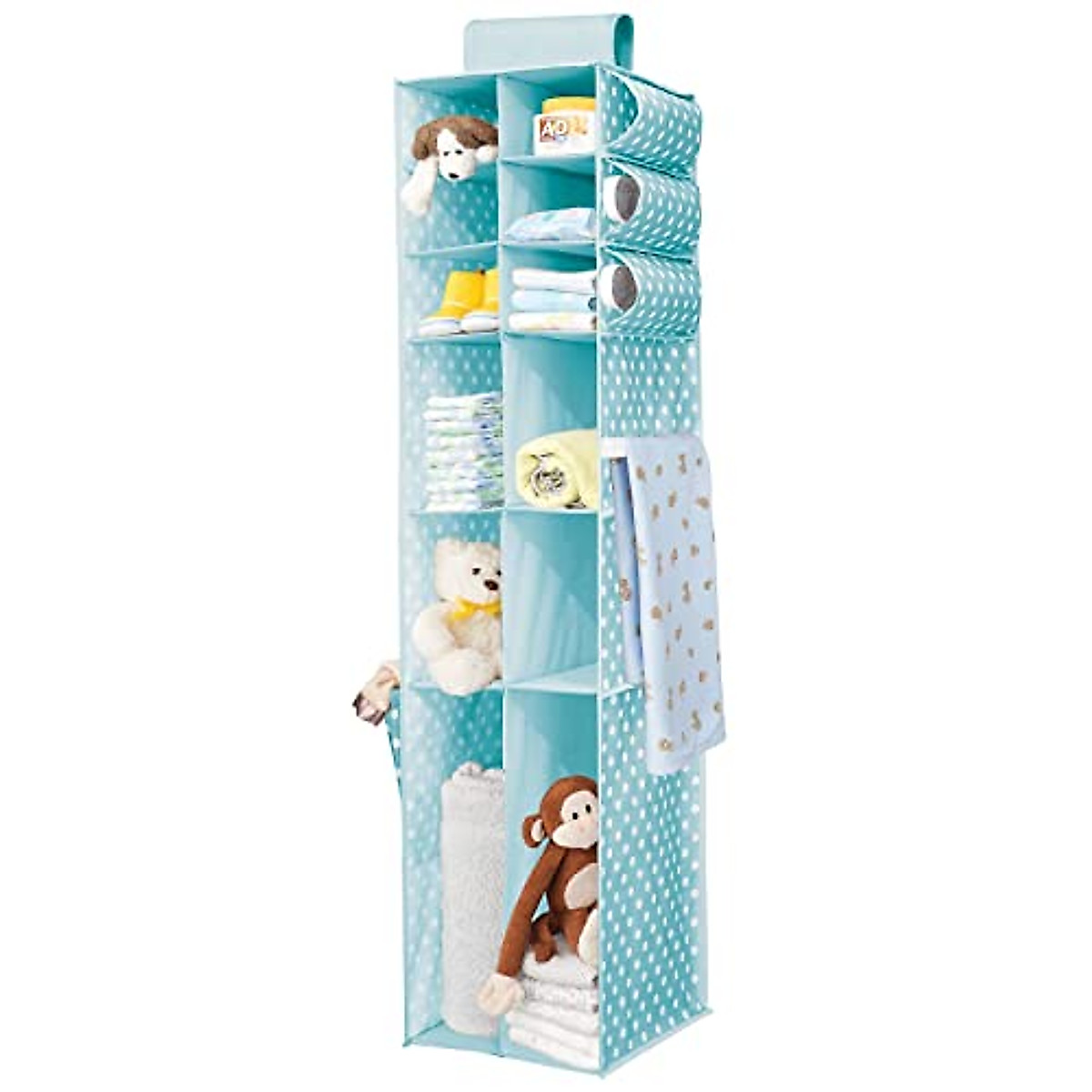 mDesign Long Soft Fabric Over Closet Rod Hanging Storage Organizer with 12 Divided Shelves, Side Pockets for Child/Kids Room or Nursery, Store Diapers, Wipes, Lotions, Toys - 2 Pack - Light Blue/White