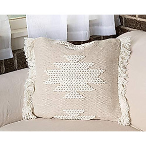 Foreside Home & Garden White Braided Geometric Pattern Handwoven 18x18 Decorative Cotton Throw Pillow with Hand Tied Fringe