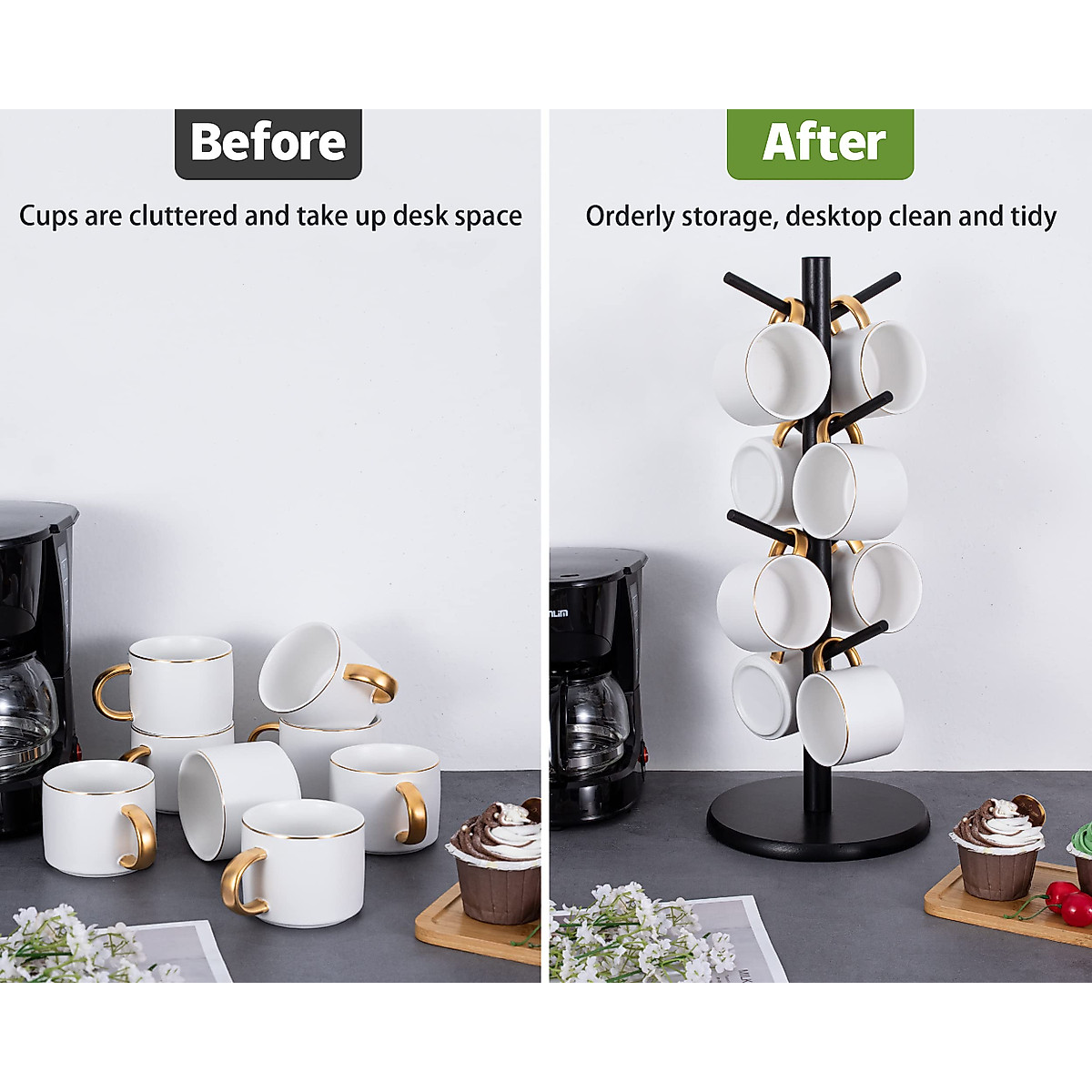 MyLifeUNIT Mug Holder Tree, Black Coffee Cup Holder with 8 Hooks, Wood Mug Hanger Stand for Counter