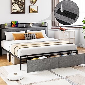 Queen Size Bed Frame with 2 Storage Drawer and Charging Station, Upholstered Platform Bed with Headboard Shelf, USB Port & Outlets, No Box Spring Needed, Easy Assemble, Grey